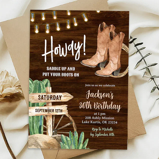 Western Rustic Wood Cowboy Man Birthday Invitation | Zazzle