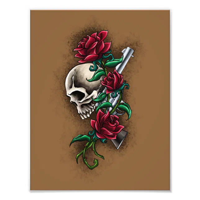 Western Skull with Red Roses and Revolver Pistol Photo Print | Zazzle