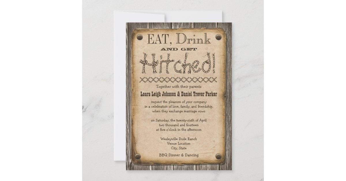 Western Style Eat, Drink and Get Hitched Wedding Invitation | Zazzle