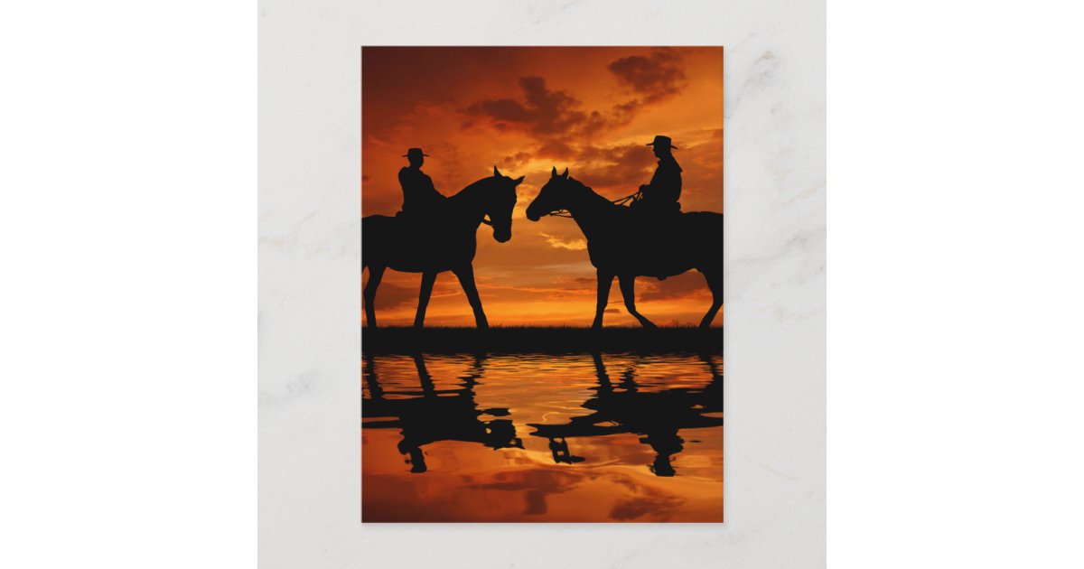 Western Sunset Horseback Riding cowboy silhouette Postcard | Zazzle