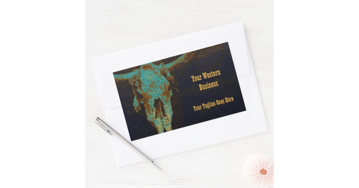 Western Teal Brown Gold Rustic Vintage Bull Skull Rectangular Sticker ...