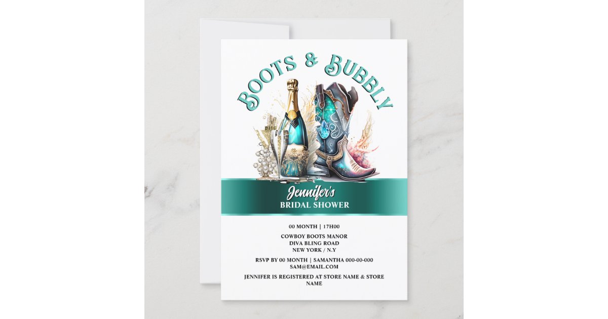 Western teal cowboy boot vintage bubbly summer invitation | Zazzle