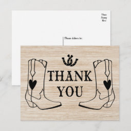 Western Thank You Wood Cowboy Boot Country Wedding Postcard | Zazzle