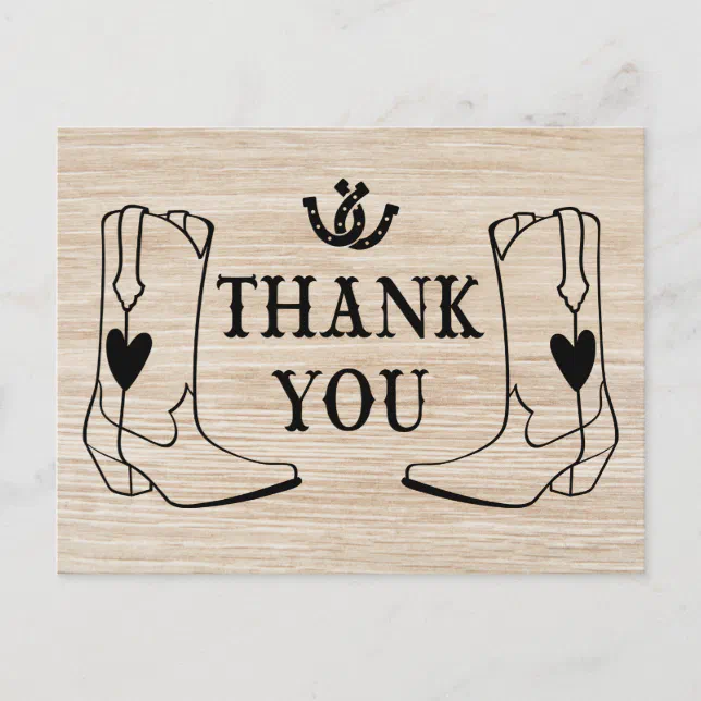 Western Thank You Wood Cowboy Boot Country Wedding Postcard | Zazzle