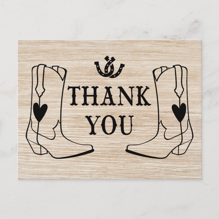 Western Thank You Wood Cowboy Boot Country Wedding Postcard | Zazzle