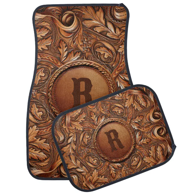 Western Tooled Leather Print Custom Initial Car Floor Mat | Zazzle