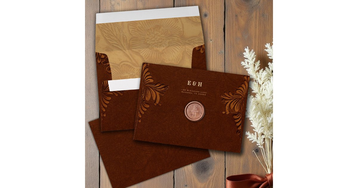 Western Tooled Rustic Terracotta Cream Wedding Envelope | Zazzle
