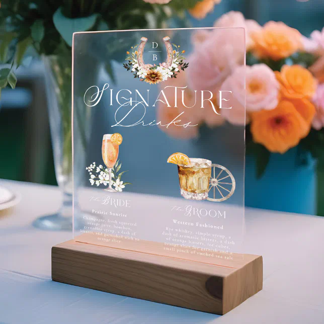 Western Watercolor Bride & Groom Signature Drinks Acrylic Sign | Zazzle