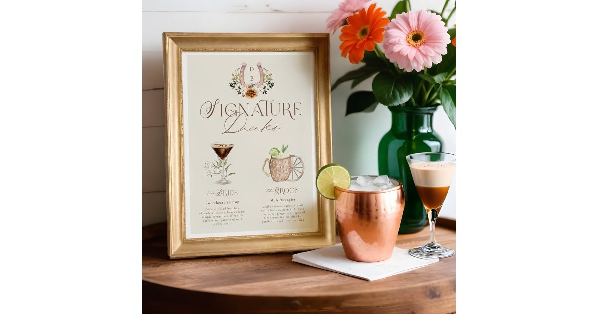 Western Watercolor Bride & Groom Signature Drinks Poster | Zazzle