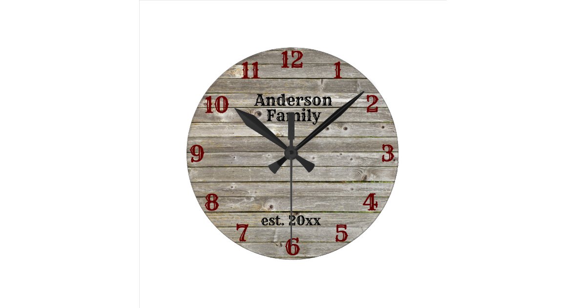 Western Weathered Barn Wood Custom Name Round Clock | Zazzle