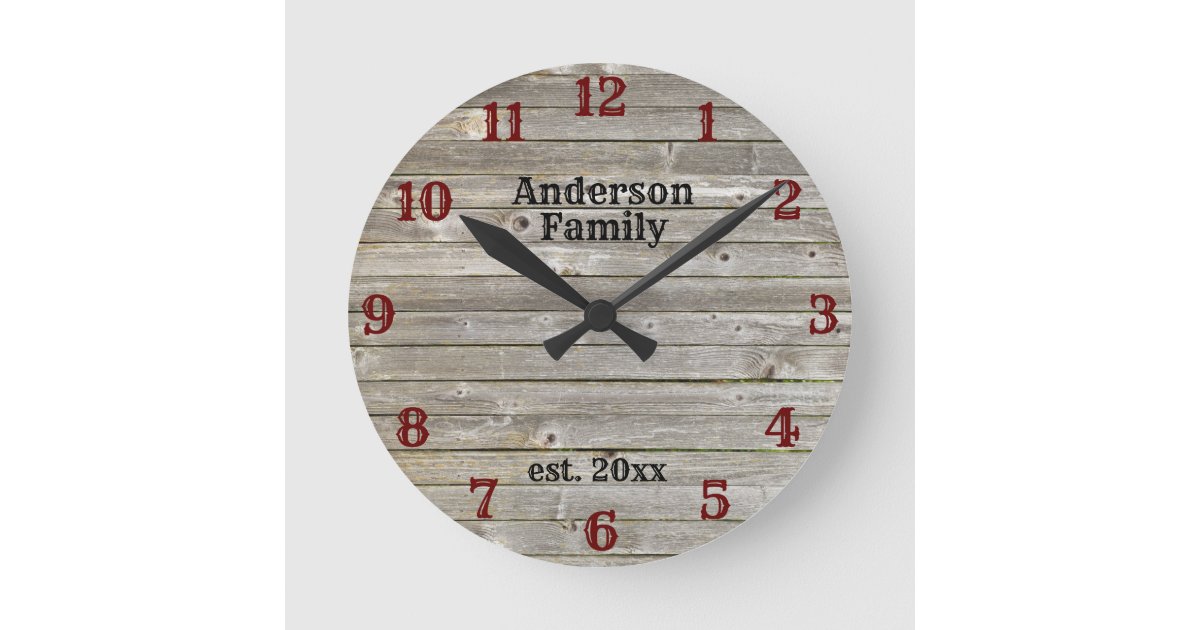 Western Weathered Barn Wood Custom Name Round Clock | Zazzle