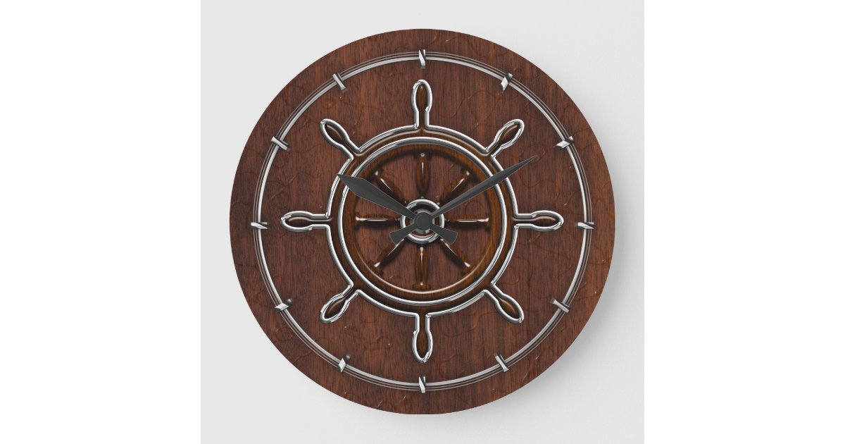 Wet Nautical Mahogany Nautical Wheel Large Clock | Zazzle