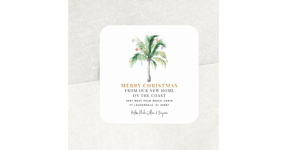 We've Moved Christmas Holidays Palm Tree Moving Square Sticker | Zazzle