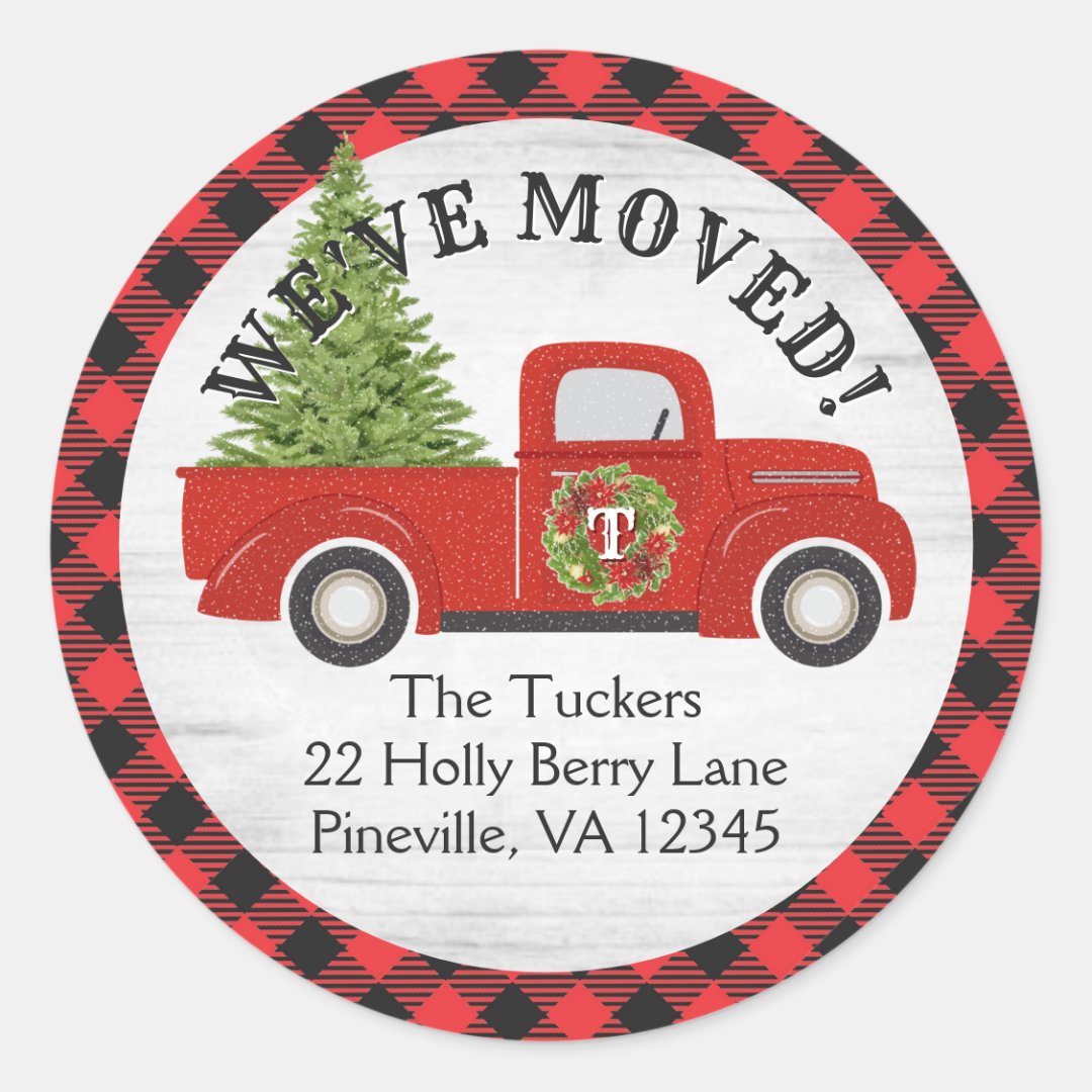 We've Moved Christmas Red Truck Address Moving Classic Round Sticker ...