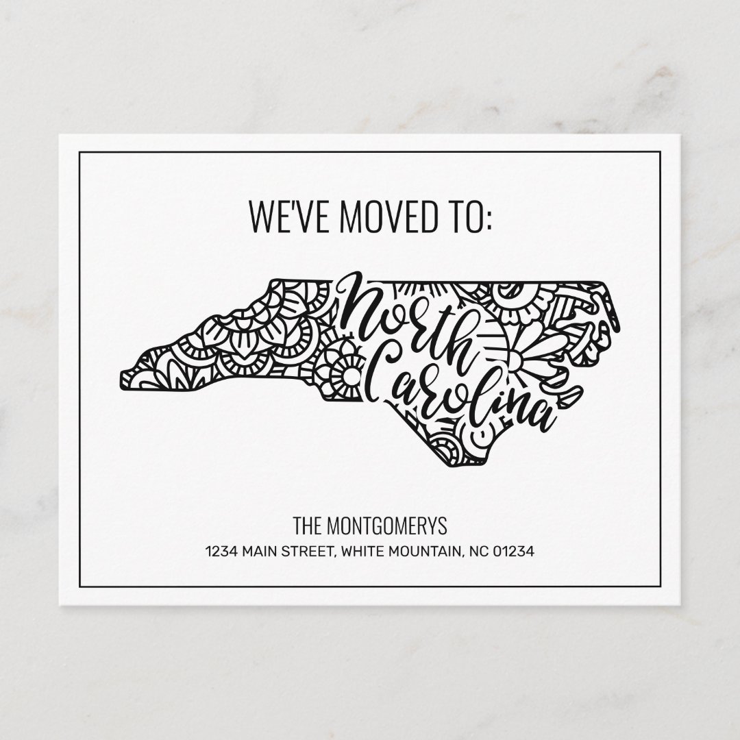We've Moved Floral Mandala North Carolina State Announcement Postcard ...