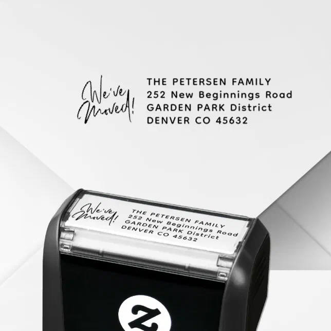 We've moved modern script return address self-inking stamp | Zazzle