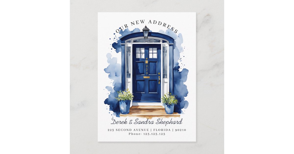 We've Moved New Address navy Watercolor Door Announcement Postcard | Zazzle