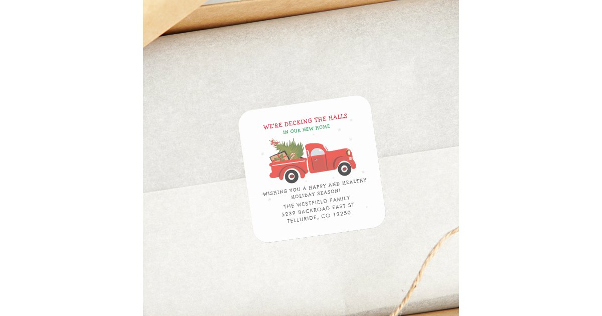 We've Moved New Address Red Truck Christmas Moving Square Sticker | Zazzle