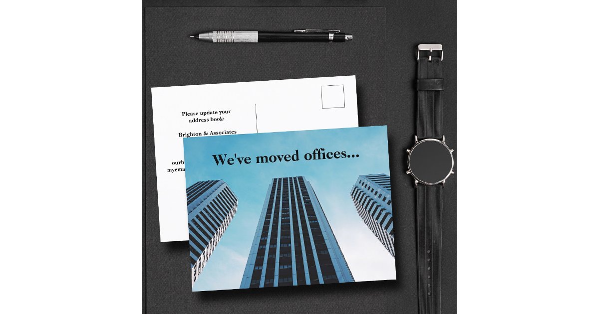 We've Moved Offices Business Skyline Photo Moving Postcard | Zazzle