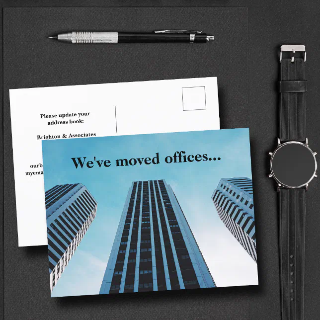 We've Moved Offices Business Skyline Photo Moving Postcard | Zazzle