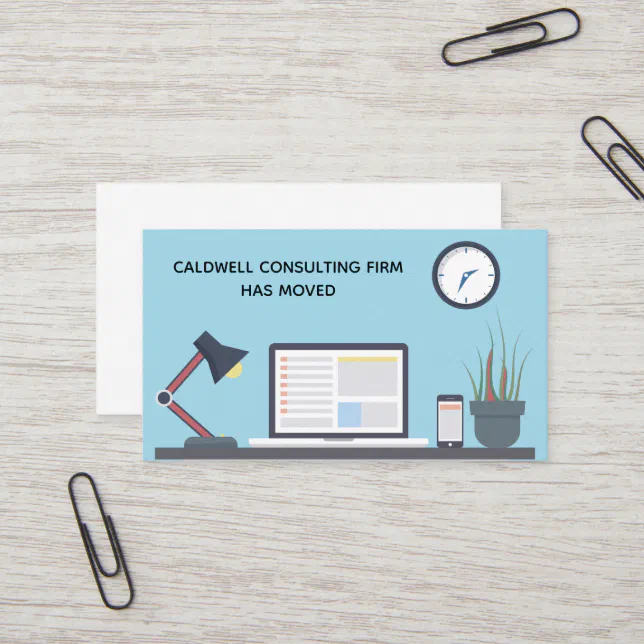 We've Moved Offices Cute Blue Desk Business Card | Zazzle