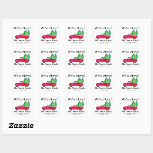 We've Moved Red retro Pickup Truck with trees Square Sticker | Zazzle