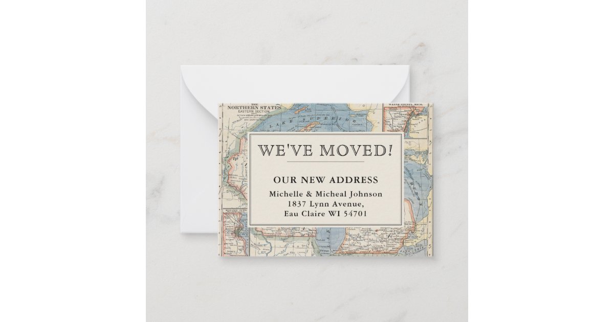 We've Moved Vintage Map Wisconsin Michigan Address Note Card | Zazzle