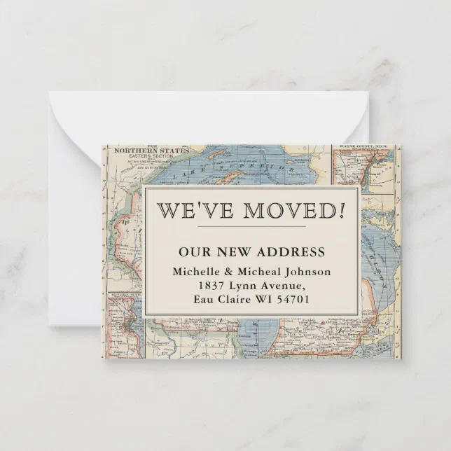 We've Moved Vintage Map Wisconsin Michigan Address Note Card | Zazzle