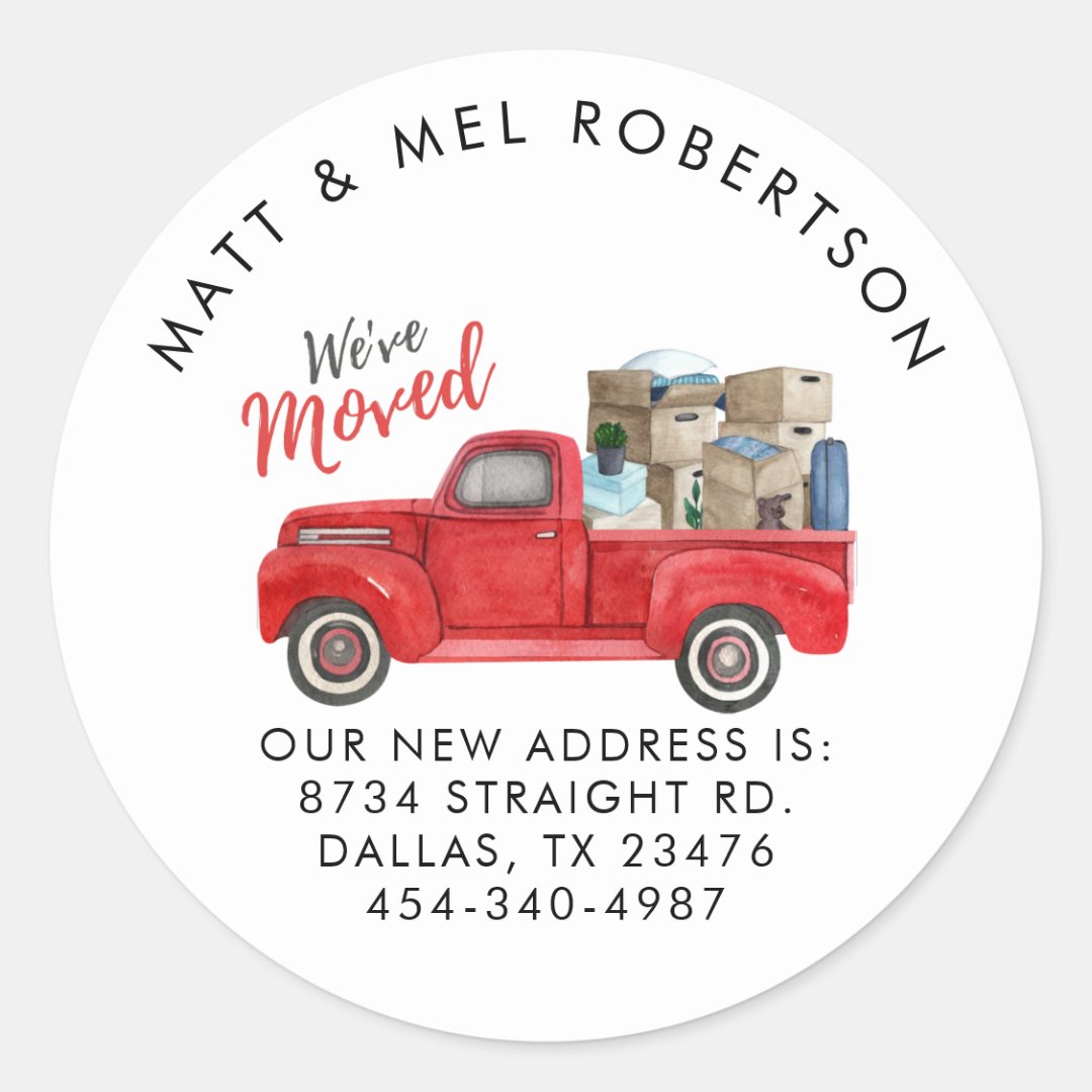 We've Moved Watercolor Vintage Red Truck Classic Round Sticker | Zazzle