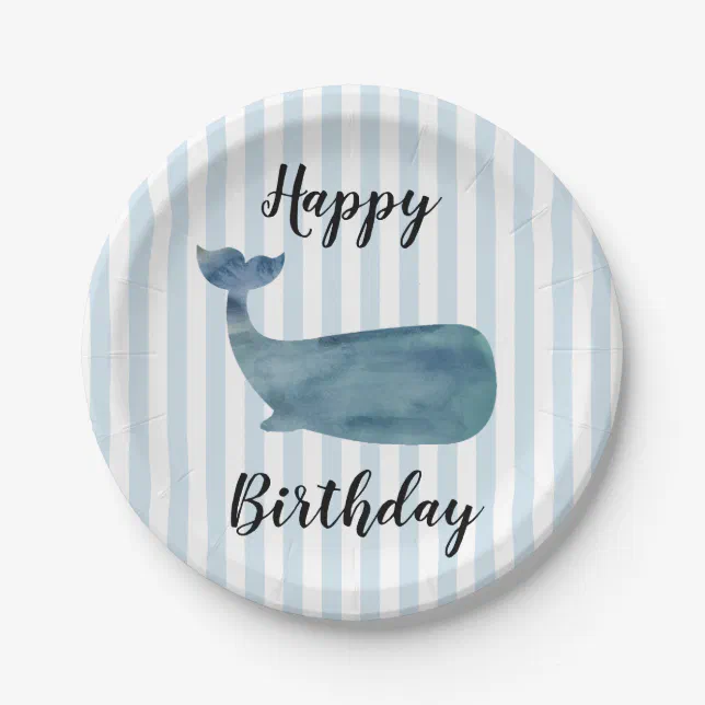 Whale Nautical Happy Birthday Stripe Paper Plates | Zazzle