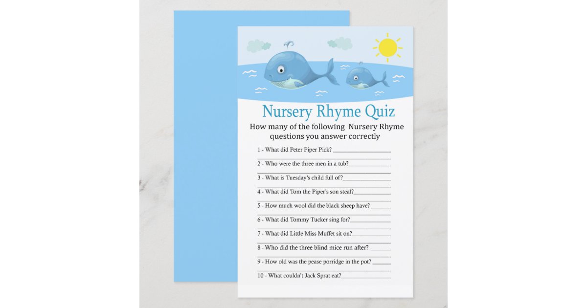 Whale Nursery Rhyme Quiz baby shower game | Zazzle