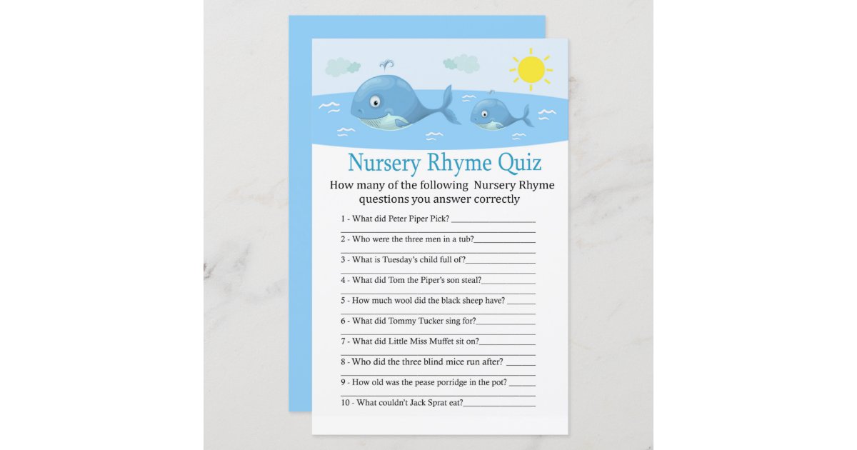 Whale Nursery Rhyme Quiz baby shower game | Zazzle