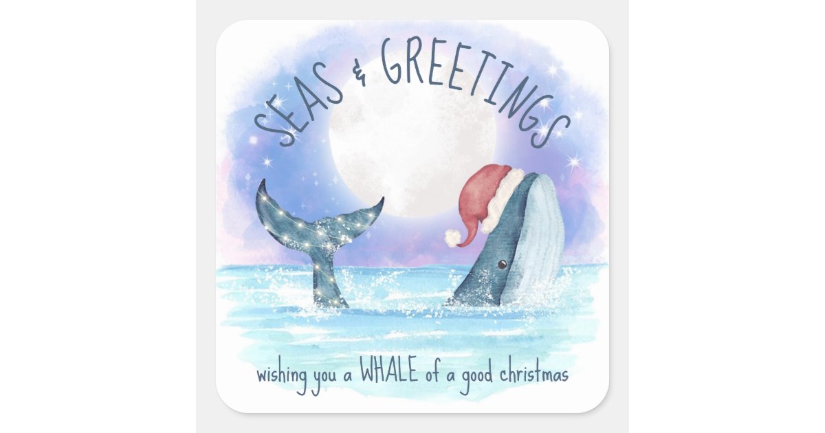 Whale Santa Seas & Greetings Nautical Christmas Square Sticker | Zazzle