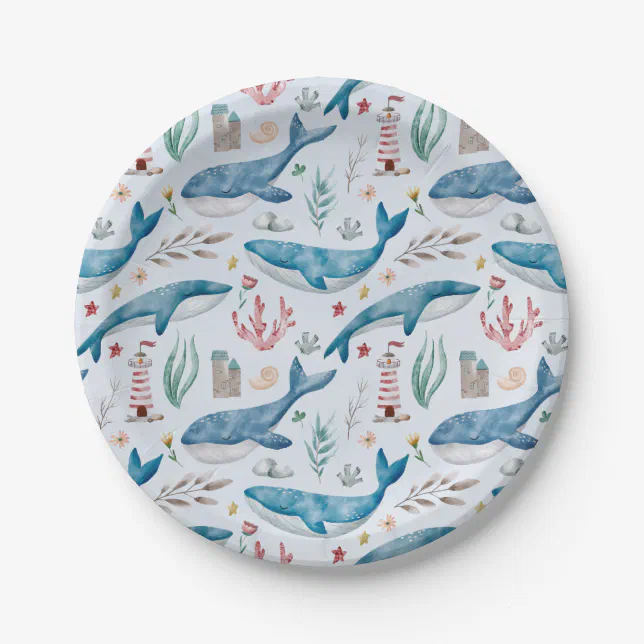 Whale Under the Sea Blue Boy Baby Shower Paper Plates | Zazzle