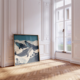 Whales Sea Ocean Marine Nature Linocut Nova Scotia Poster | Zazzle