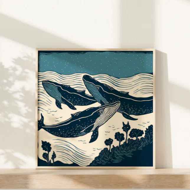 Whales Sea Ocean Marine Nature Linocut Nova Scotia Poster | Zazzle