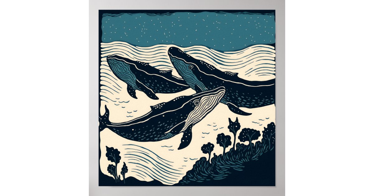 Whales Sea Ocean Marine Nature Linocut Nova Scotia Poster | Zazzle