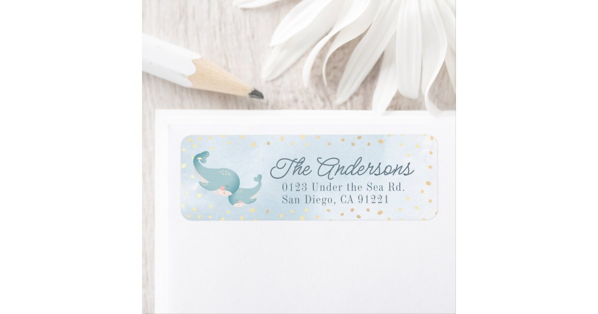 Whales Watercolor Blue Boy Baby Shower Label | Zazzle
