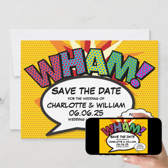 WHAM Save the Date Fun Retro Comic Book Pop Art Invitation | Zazzle