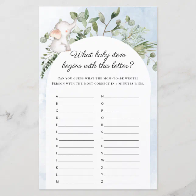 What baby Item Elephant Blue Baby Shower Game | Zazzle