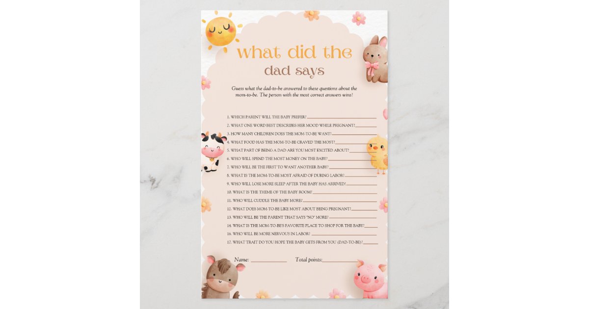 What Did the Dad Say Farm Animals Baby Shower Game | Zazzle