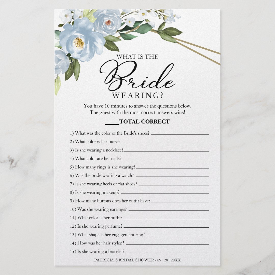 What Is The Bride Wearing Game Floral Dusty Blue Flyer | Zazzle