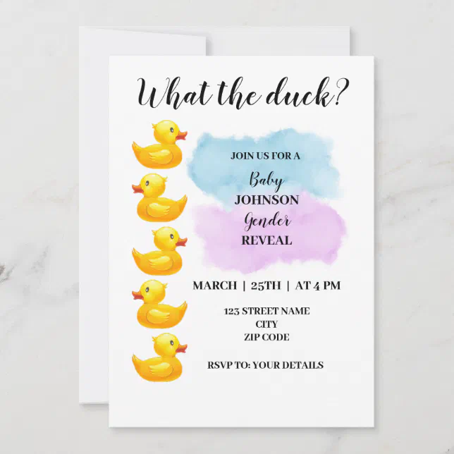 What the duck themed gender reveal invitation | Zazzle