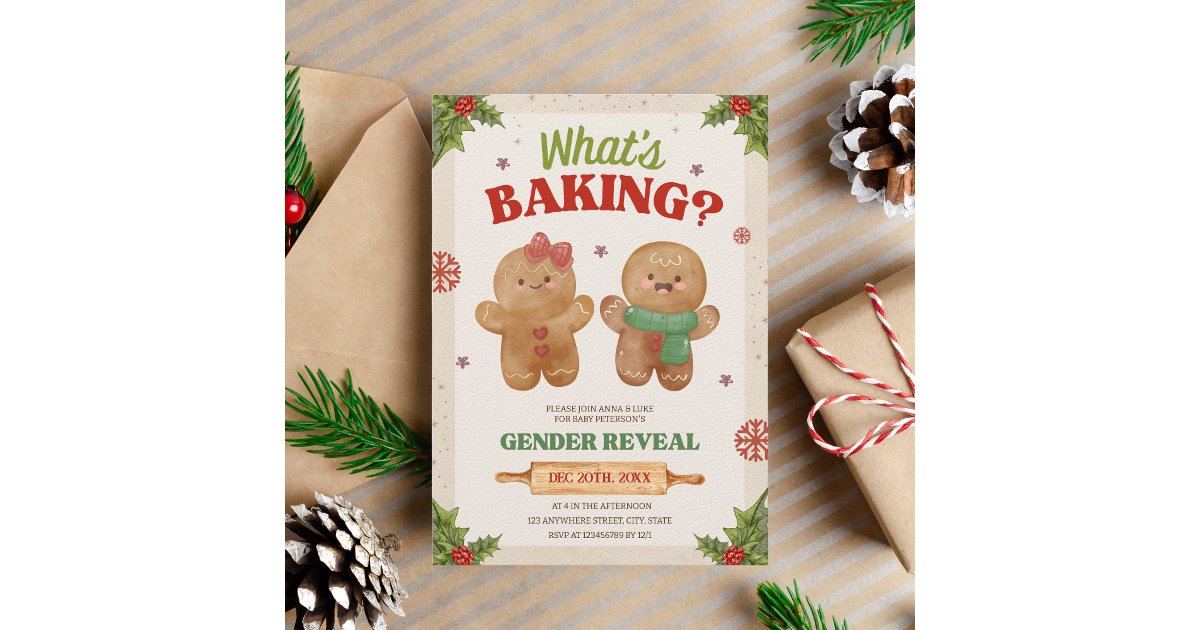 What's baking Christmas Gender Reveal Gingerbread Invitation | Zazzle