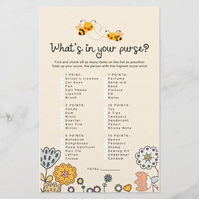 What's in Your Purse Bee Baby Shower Game Cards | Zazzle