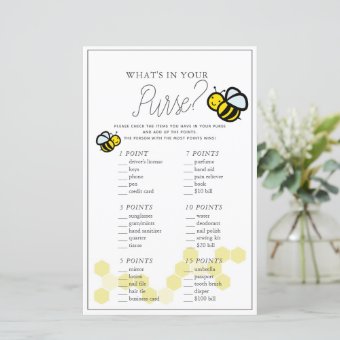 What's in Your Purse Bee White Baby Shower Game | Zazzle