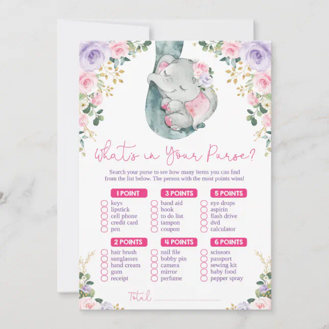 What's in Your Purse Elephant Baby Shower Game Invitation | Zazzle