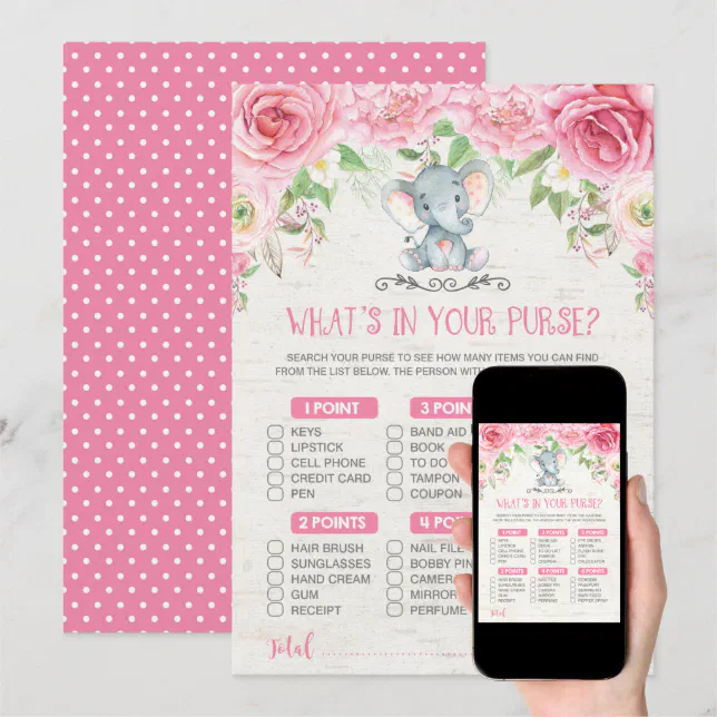 What's in Your Purse Elephant Baby Shower Game Invitation | Zazzle