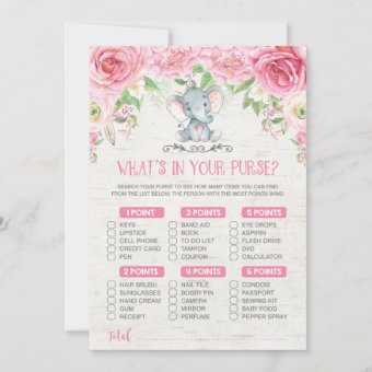What's in Your Purse Elephant Baby Shower Game Invitation | Zazzle