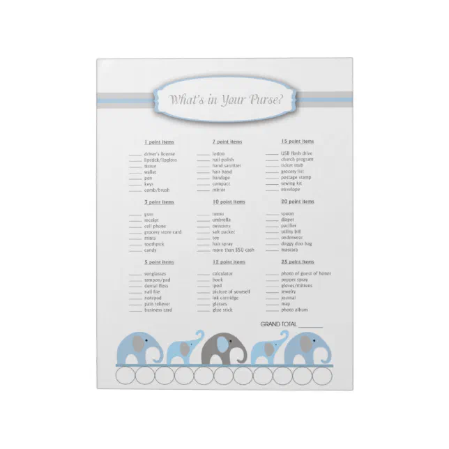 What's in your purse Elephant Baby Shower Game Notepad | Zazzle